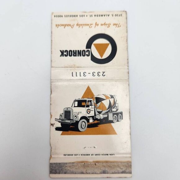 Art | Vintage Matchbookconrock Concrete Truck Los Angelesalameda Orange ...